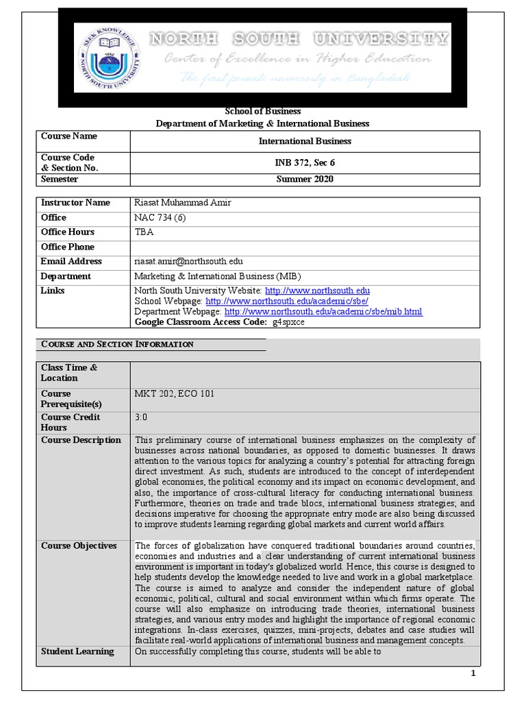 INB 372 COURSE OUTLINE Summer 2020 | PDF | Test (Assessment) | Lecture