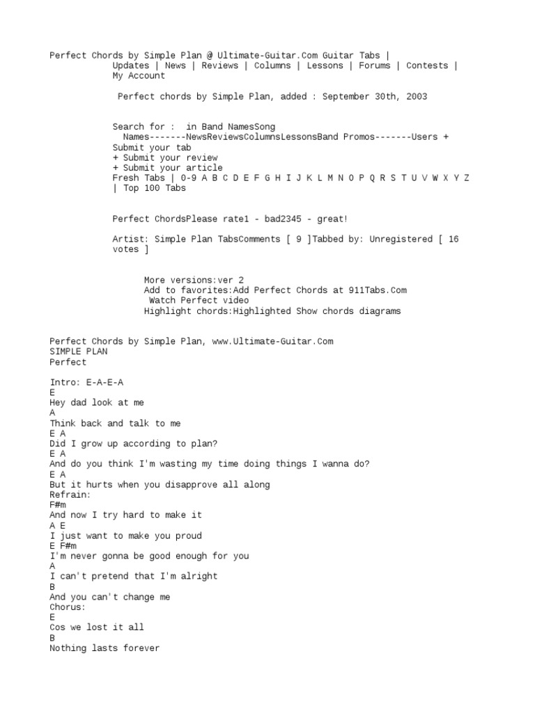 Perfect Chords by Simple Plan at Ultimate-Guitar - Com | PDF ...