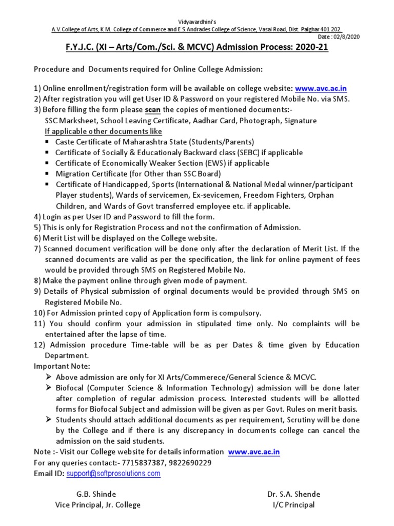 F.Y.J.C. (XI - Arts/Com./Sci. & MCVC) Admission Process: 2020-21 | PDF ...