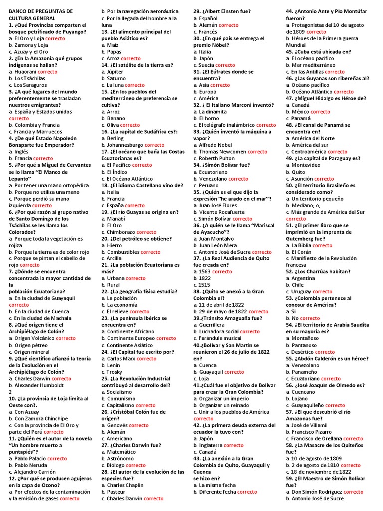 Banco de Preguntas de Cultura General | PDF | Ecuador | Américas