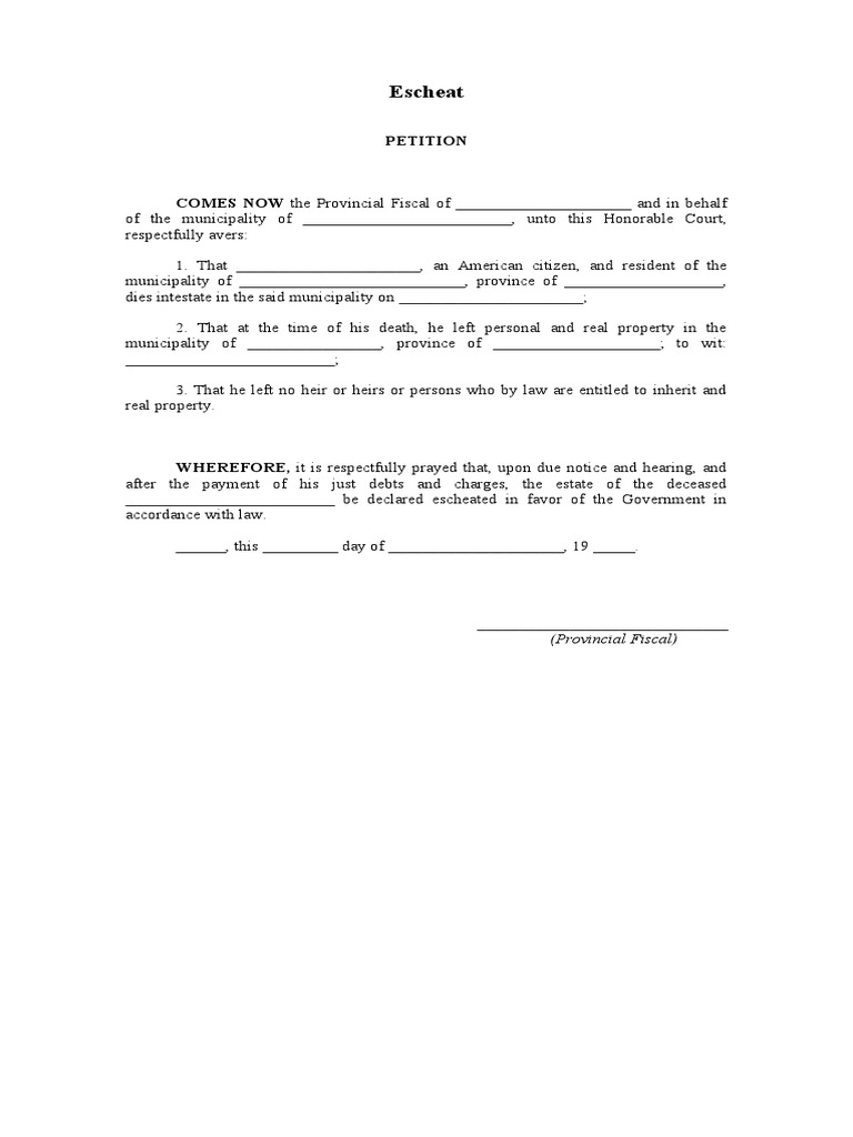 Escheat Petition for Intestate Estate | PDF | Finance & Money ...