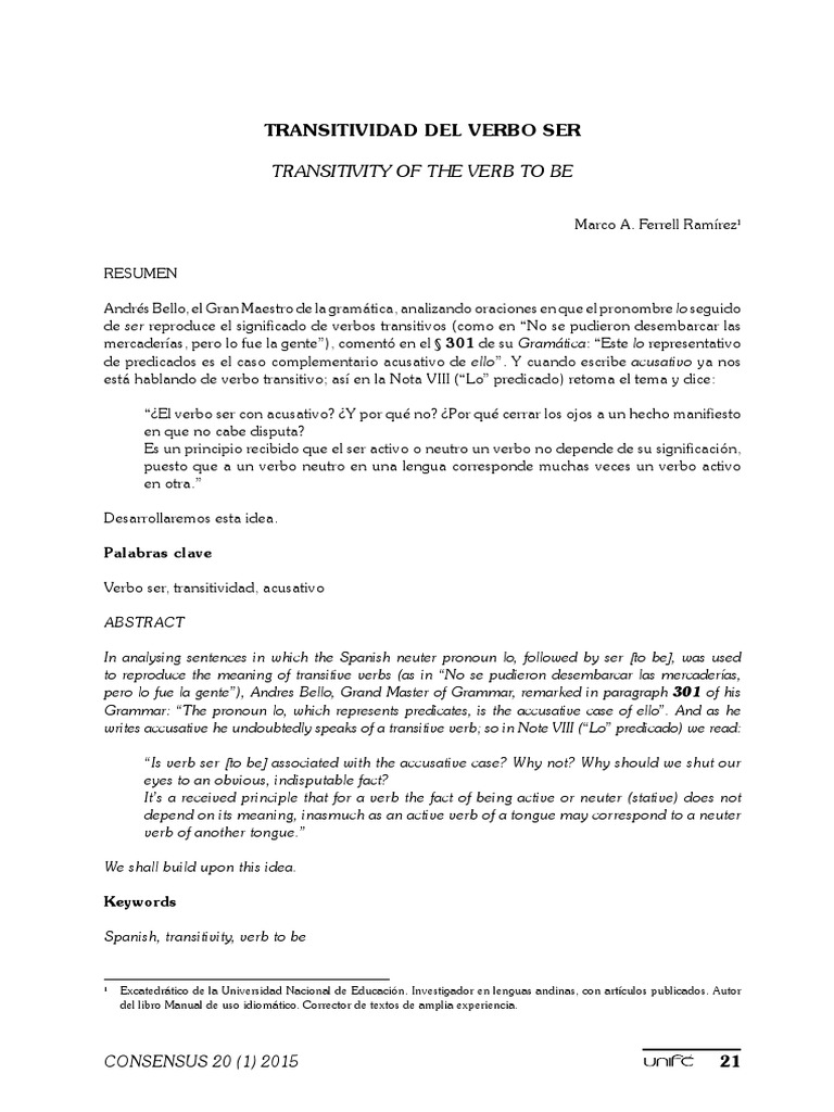 Transitividad Del Verbo Ser | PDF | Verbo | Objeto (gramática)