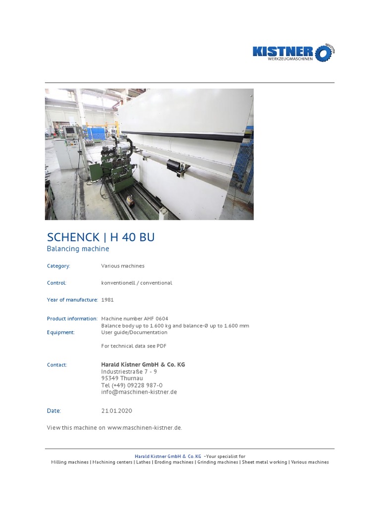 Schenck H 40 BU Balancing Machine Info | PDF | Technology & Engineering