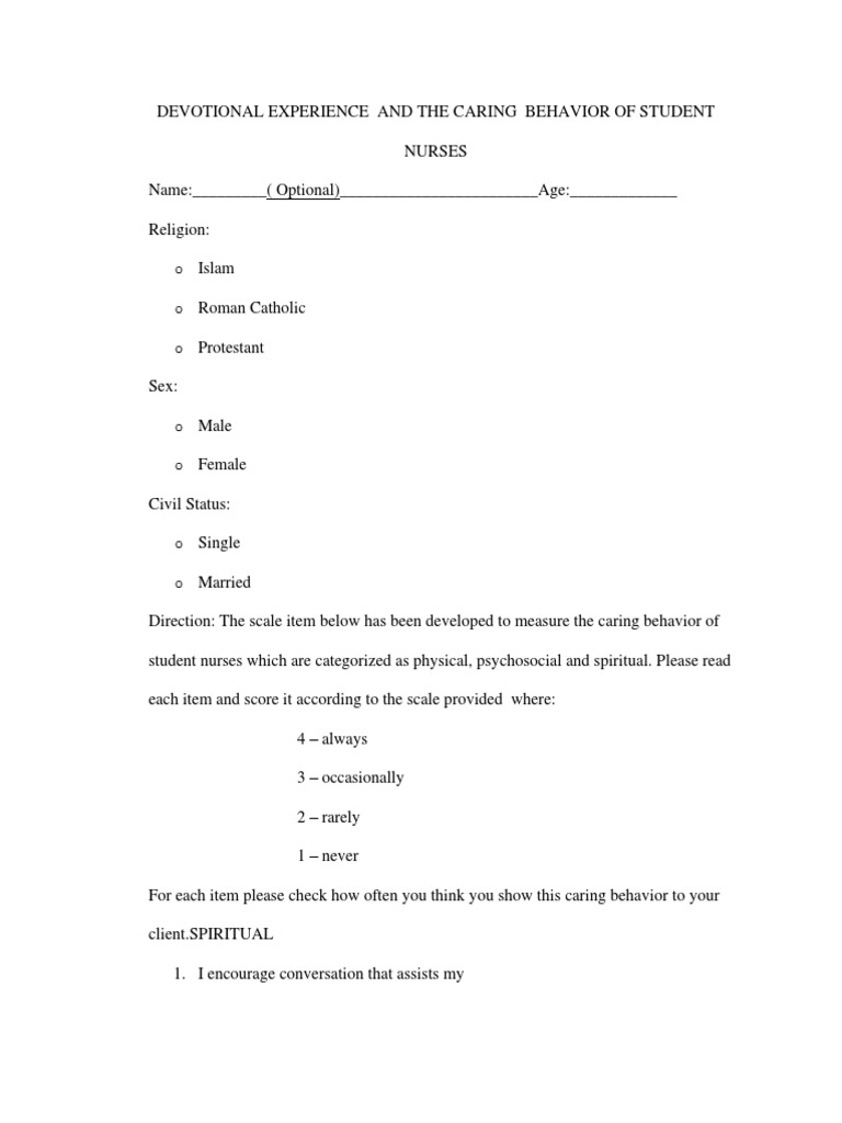 Caring Behavior Assessment for Student Nurses | PDF | Patient ...
