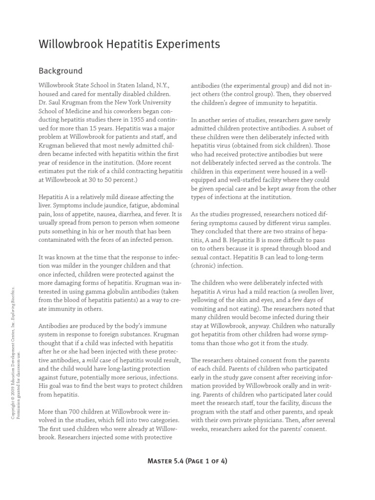 willowbrook experiment | Hepatitis | Infection | Free 30-day Trial | Scribd