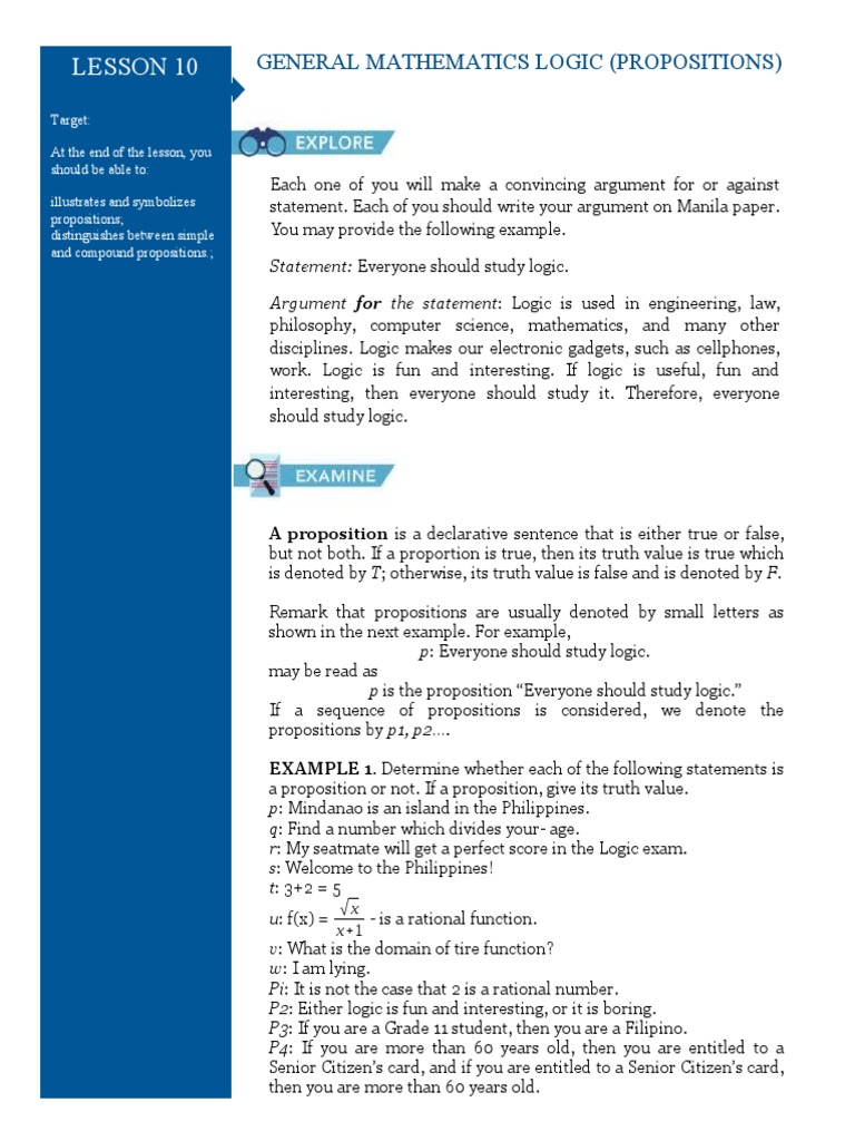 Lesson 10: General Mathematics Logic (Propositions) | PDF | Proposition | Numbers