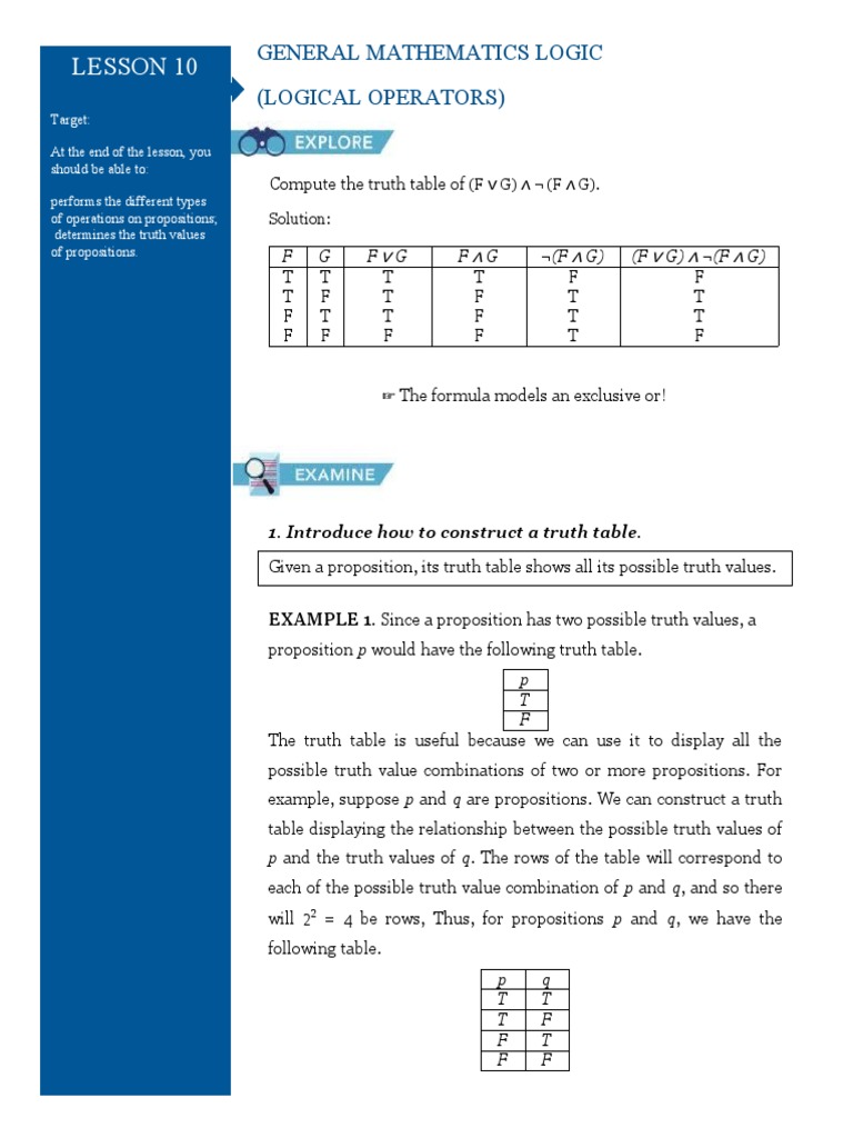 Lesson 10: General Mathematics Logic (Logical Operators) | PDF | Proposition | Mathematical Logic