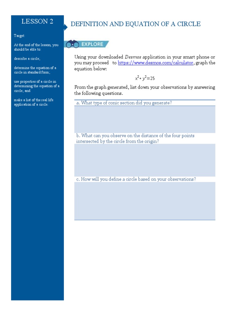 Lesson 2: Definition and Equation of A Circle | PDF | Circle | Distance
