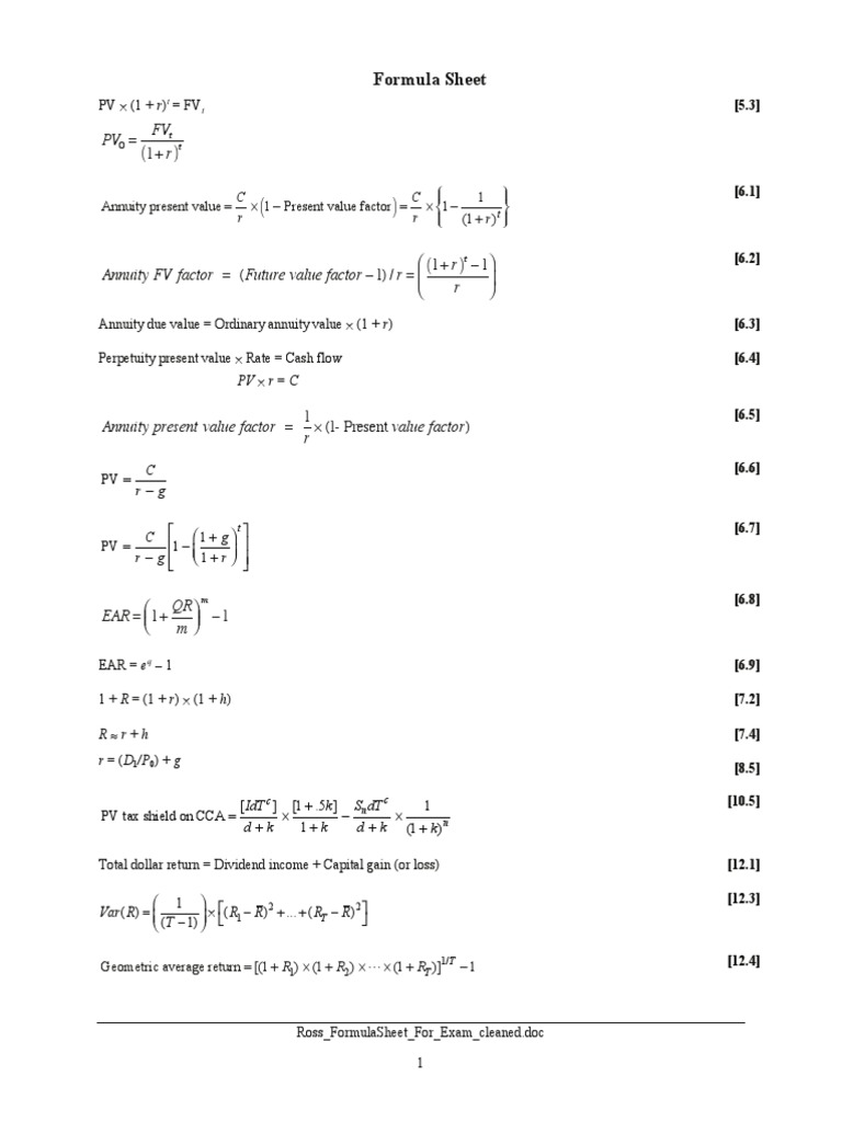 Formula Sheet: Annuity Present Value C ! 1" Present Value Factor C ! 1 ...