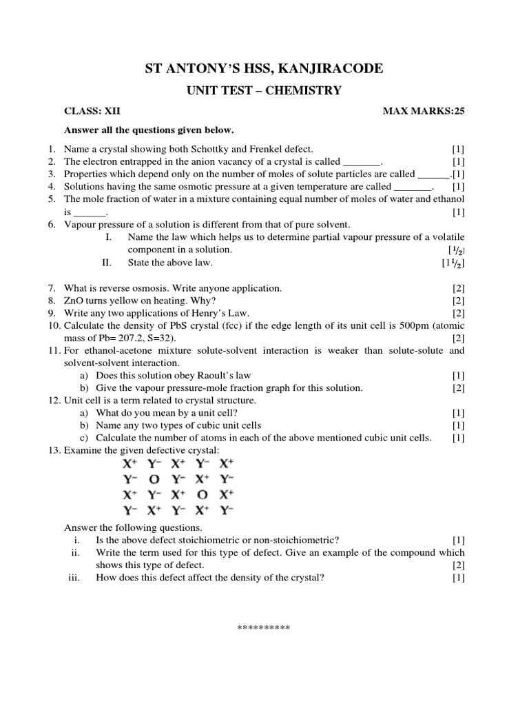 Unit Test Chemistry 1 | PDF | Solution | Crystal Structure