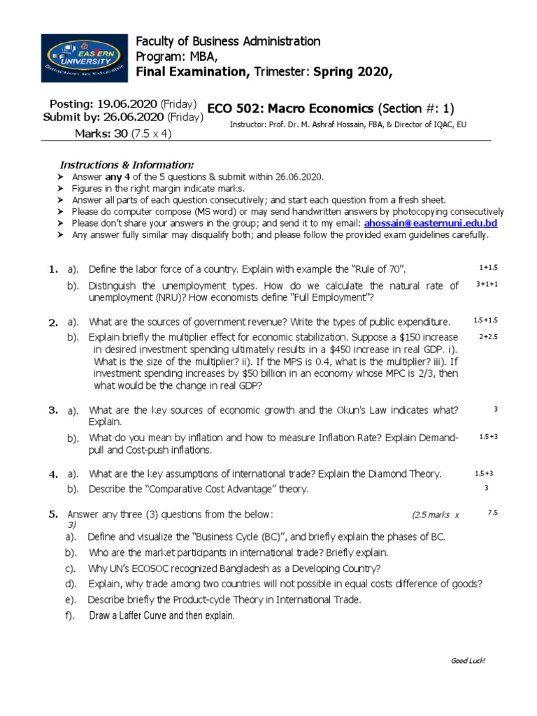 Final Exam ECO 502 Sec 1 Spring 2020 QS | PDF | Fiscal Multiplier | Macroeconomics