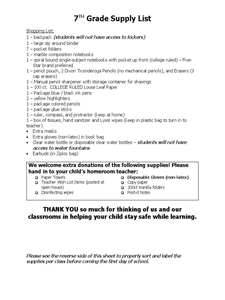 7th Grade Supply List 2020 | PDF | Pencil | Notebook