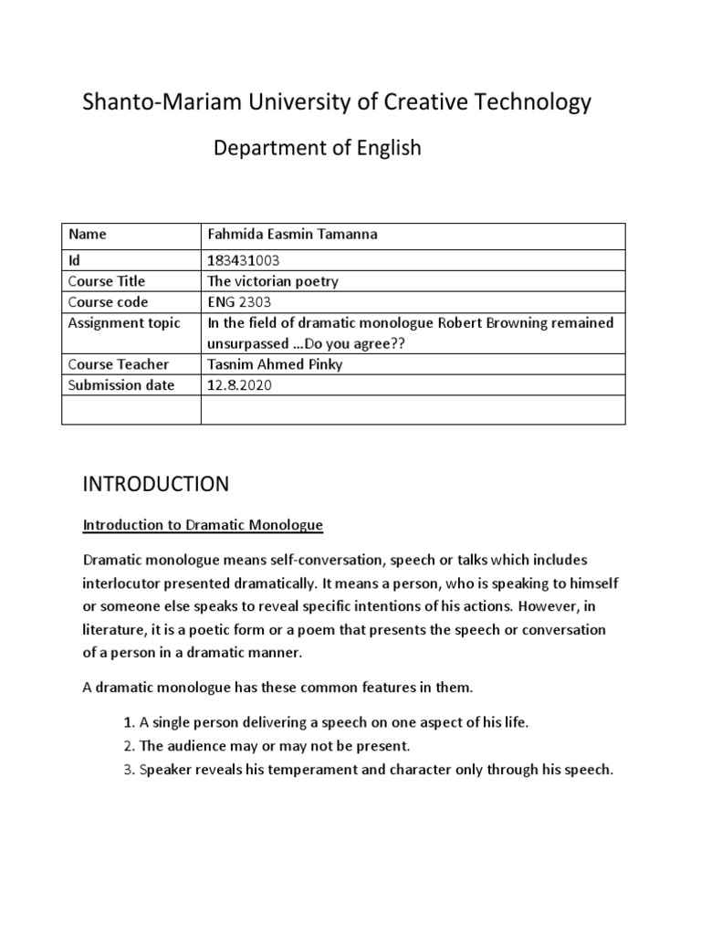 In Dramatic Monologue Robert Browning Remain Unsurpassed | PDF ...