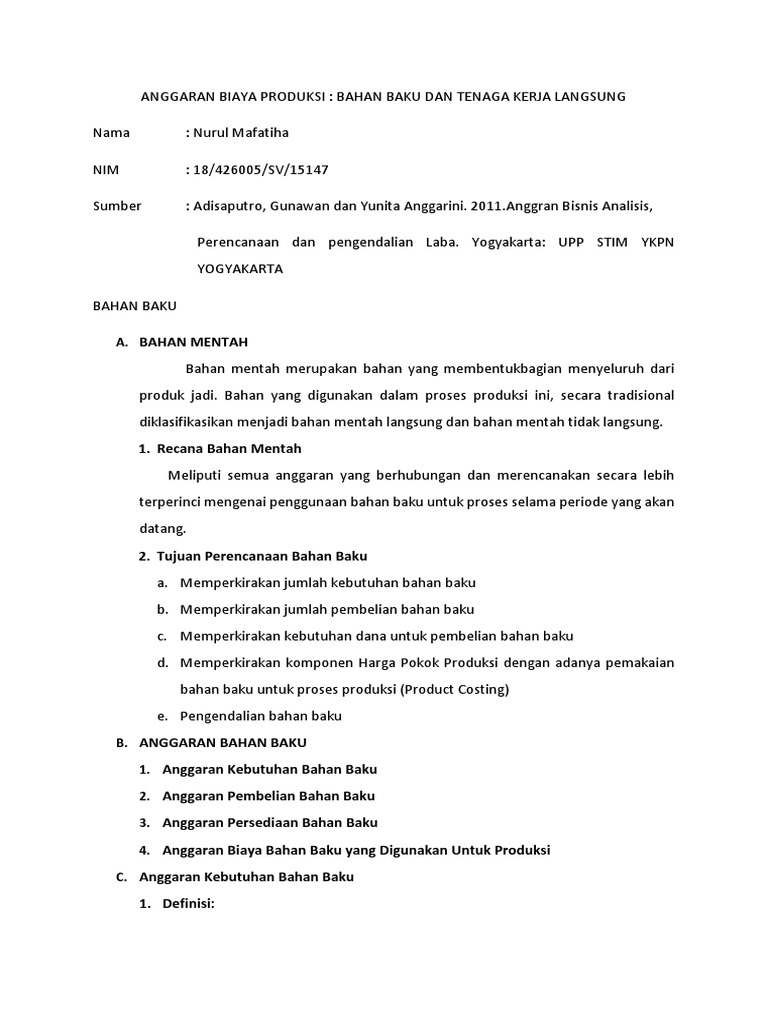Anggaran Bahan Baku & Tenaga Kerja | PDF