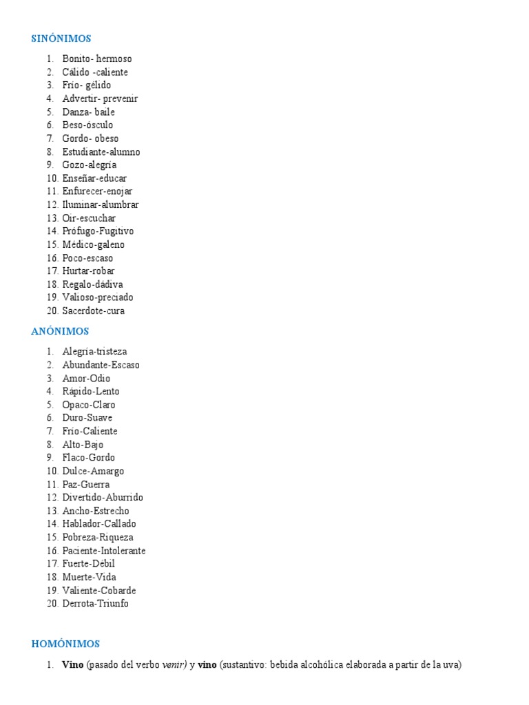 Sinónimos, Antonimos, Homonimos, Homografos | PDF | Naturaleza