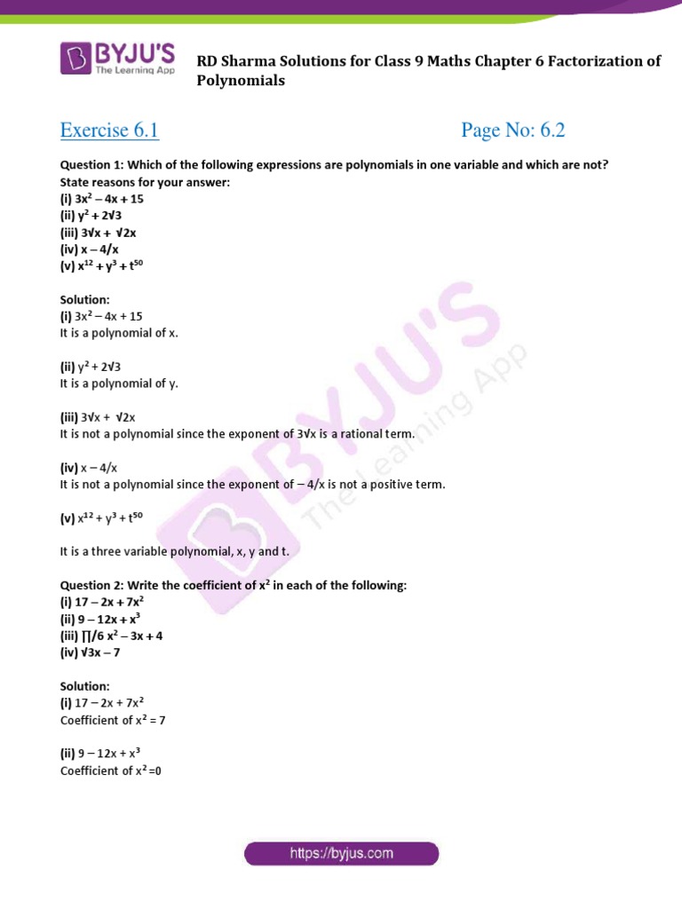 RD Sharma Solution Class 9 Maths Chapter 6 Factorization of Polynomials PDF | PDF ...