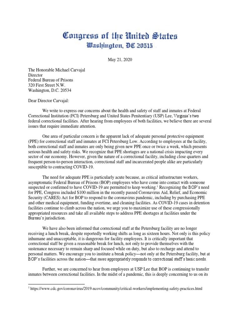 5.21.20 Letter To BOP On USP Lee and FCI Petersburg | PDF | Federal ...