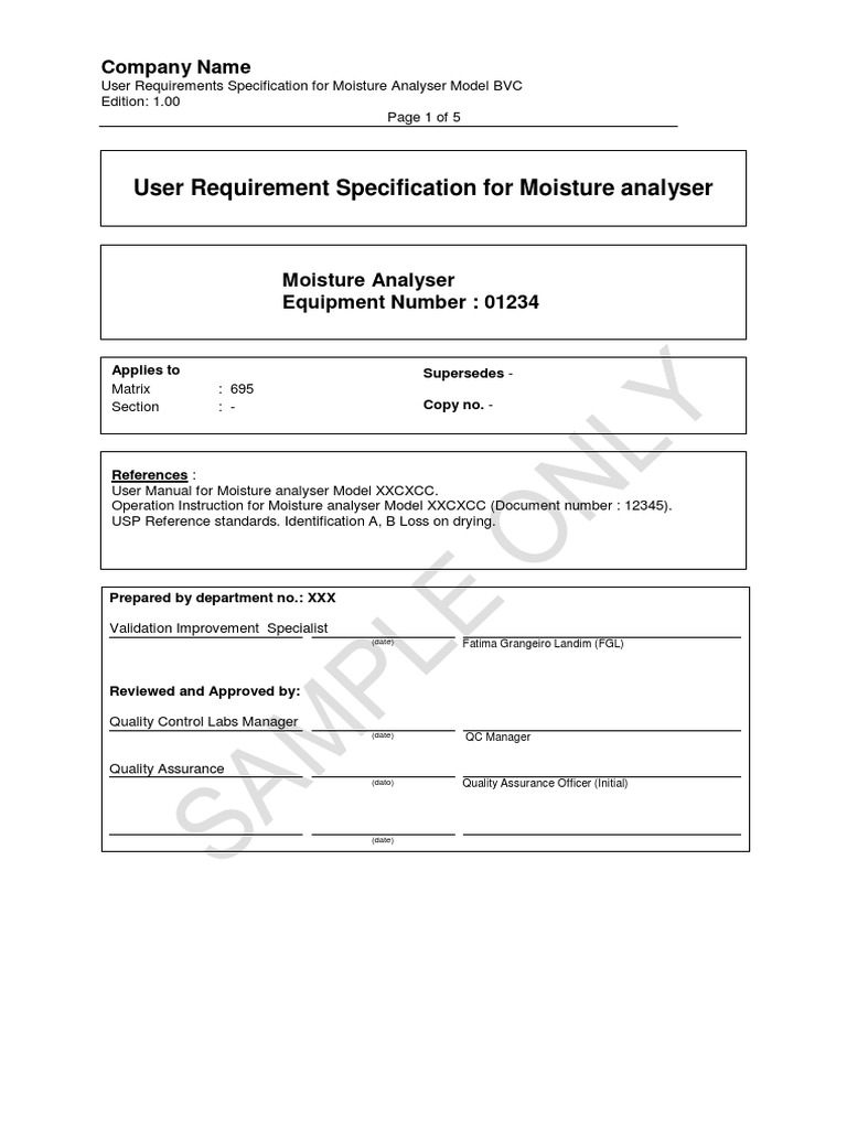 User Requirement Specification For Moisture Analyser: Company Name | PDF | Specification ...