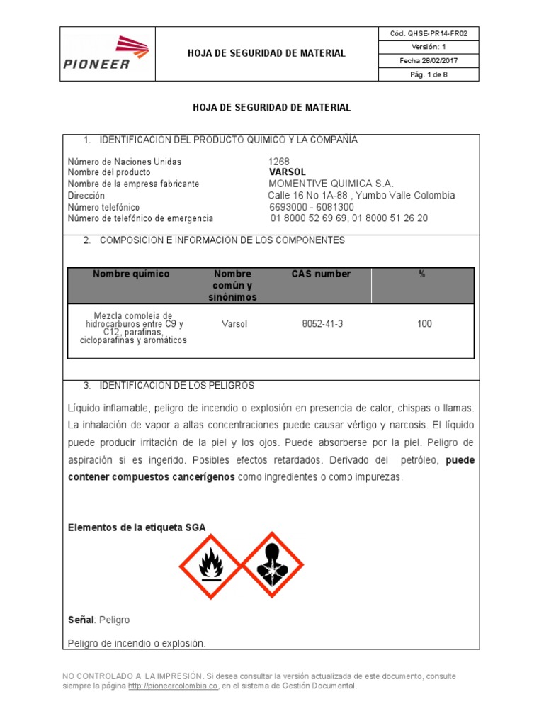 MSDS Varsol | PDF | Agua | Combustión