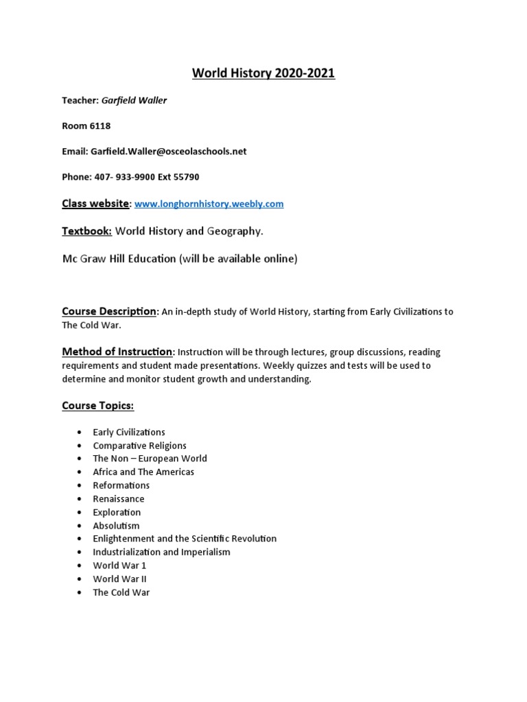 World History Syllabus | PDF | Teachers | Behavior Modification