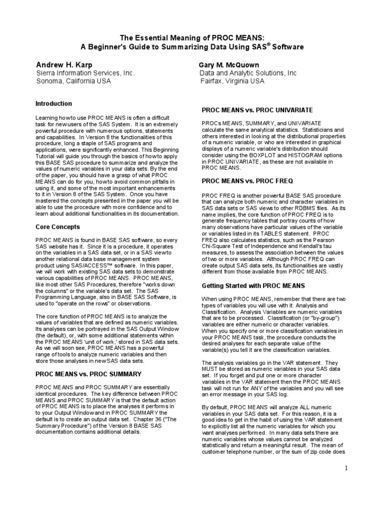 Proc Univariate Sas Software Statistical Classification