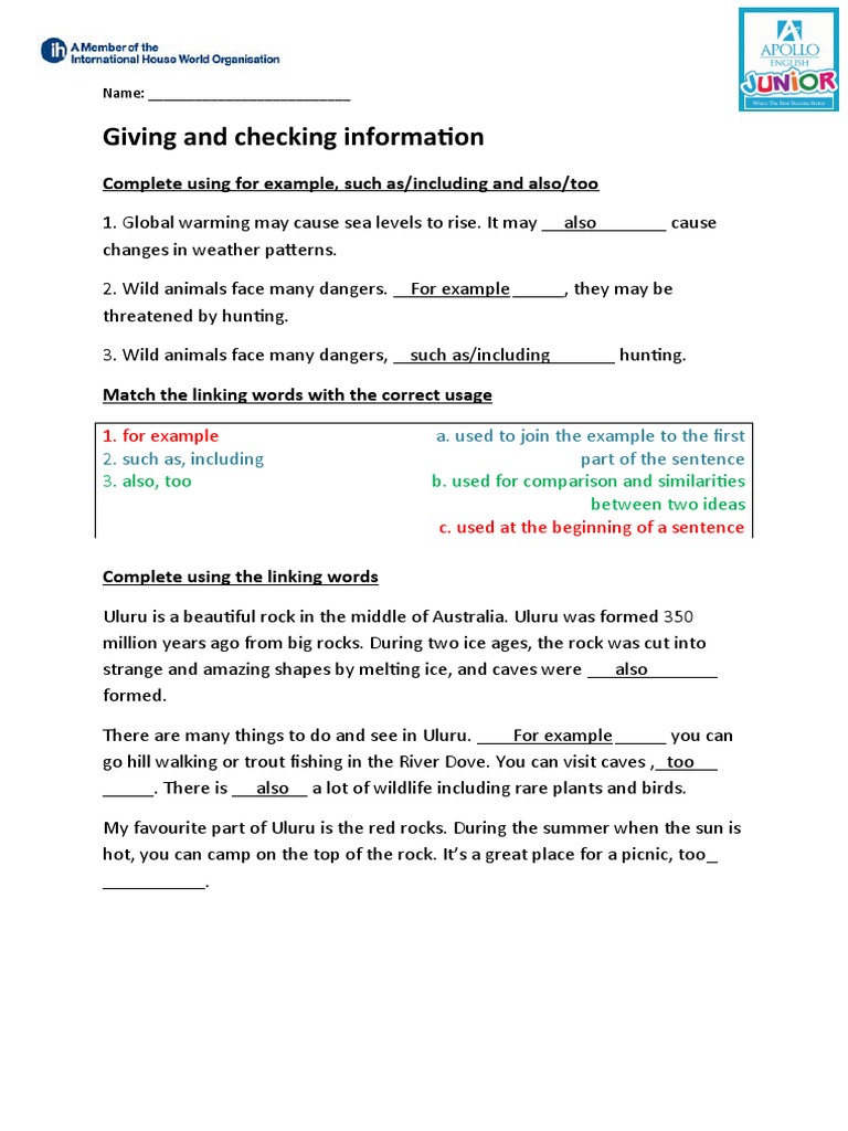 Giving and Checking Information: Complete Using For Example, Such As ...