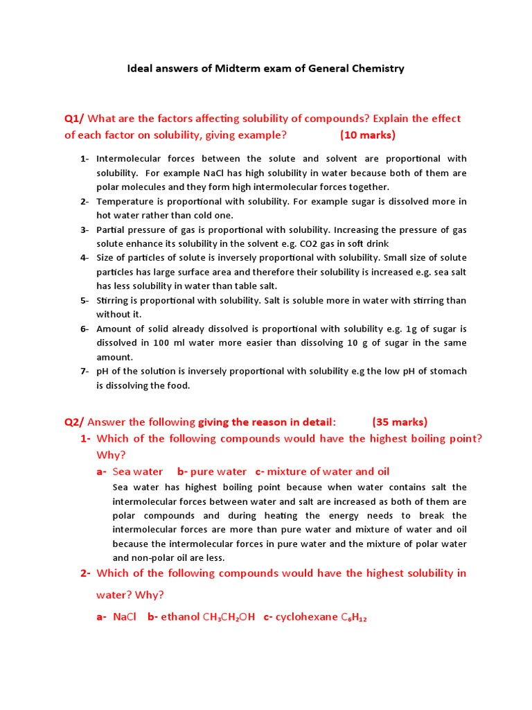 Ideal Answers of Midterm Exam of General Chemistry | PDF | Solubility ...