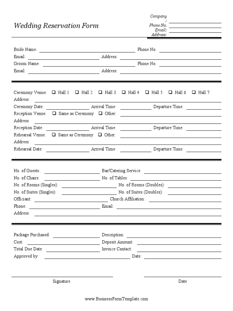 Wedding Reservation Form Template | PDF