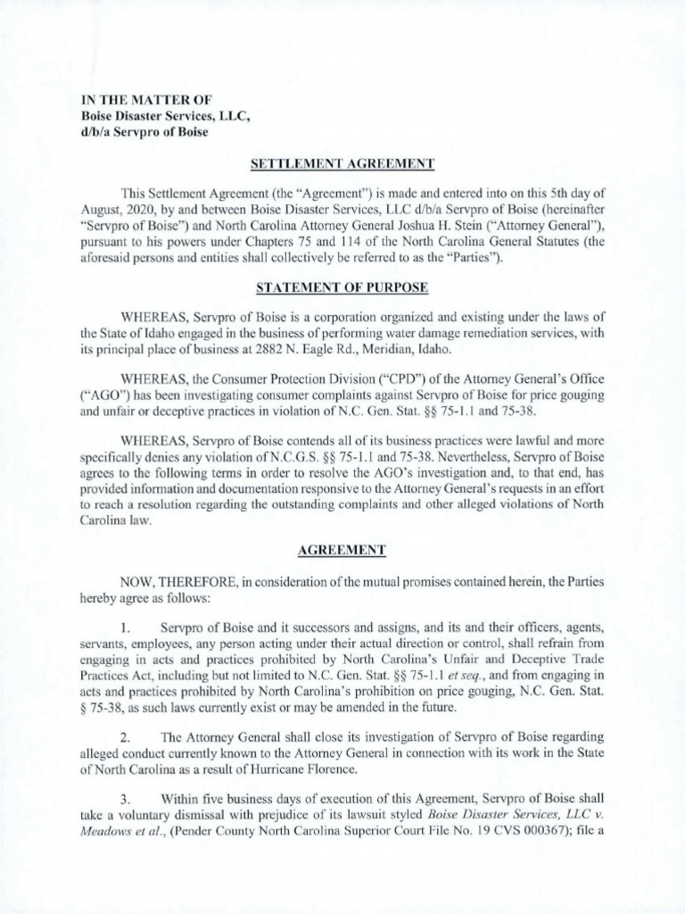 NCDOJ Servpro Settlement Agreement Fully Executed | PDF | Lawsuit | Civil Law (Legal System)
