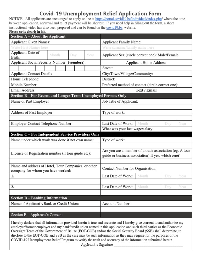 Covid-19 Unemployment Relief Application Form: Section A - About The ...