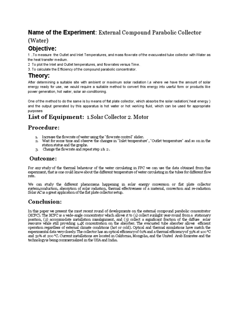 External Compound Parabolic Collector (Water) | PDF | Solar Energy ...