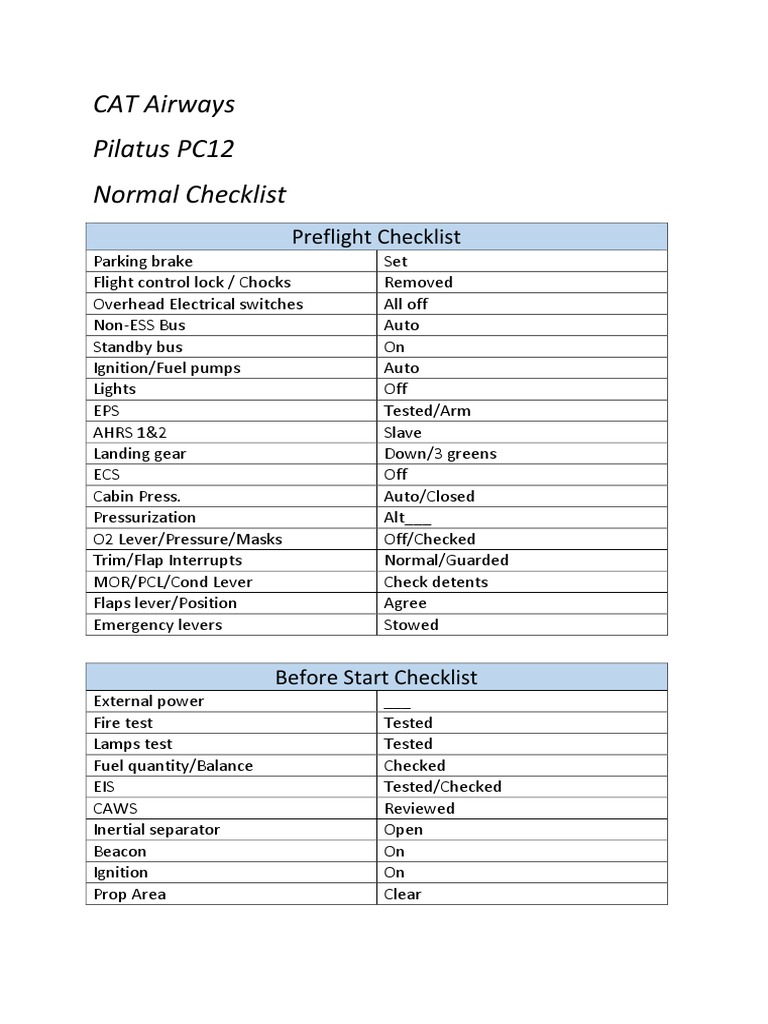 CAT Airways Pilatus PC12 Normal Checklist | PDF | Aerospace | Vehicle ...