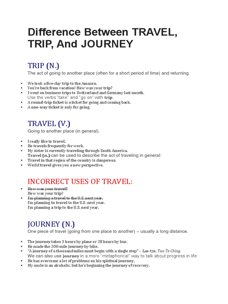 Difference Between TRAVEL, TRIP and JOURNEY (With Answers) | PDF | Art ...