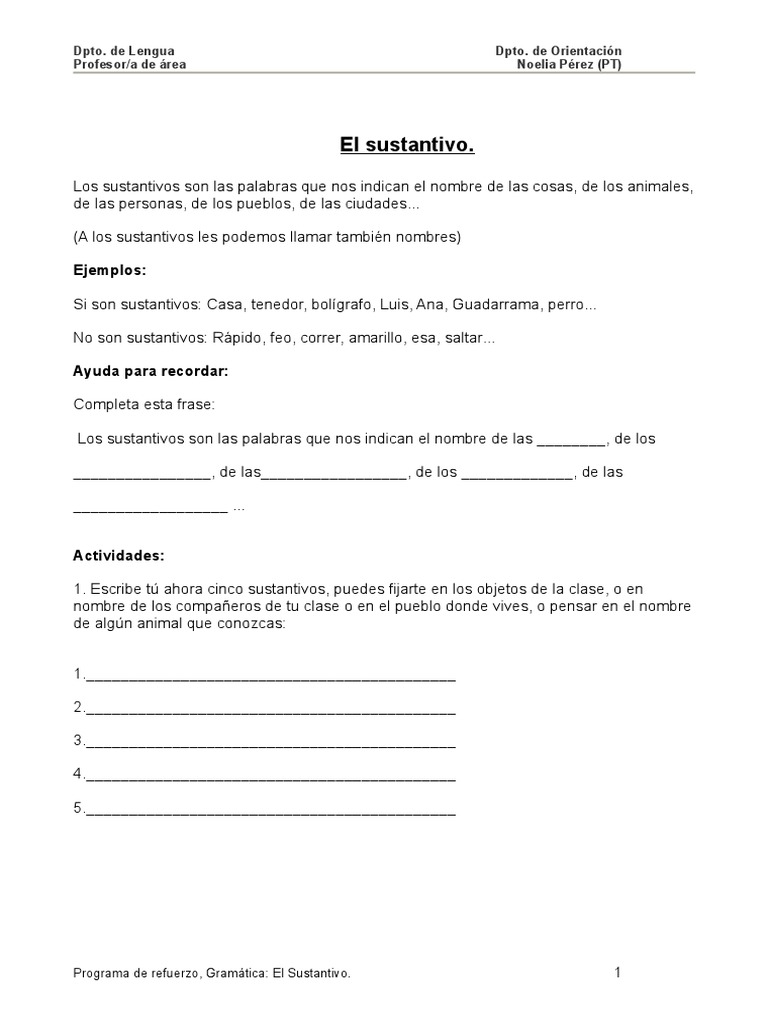 EJERCICIOS SOBRE SUSTANTIVOS.