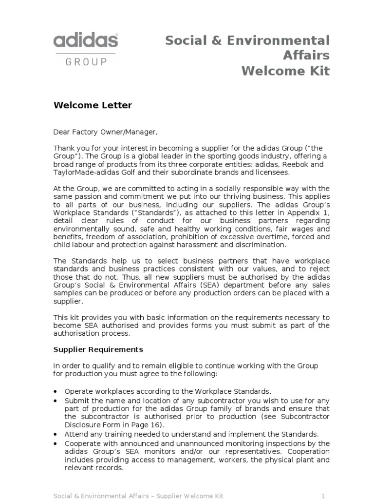 adidas Supplier Welcome Kit Overview | PDF | Working Time | Employment