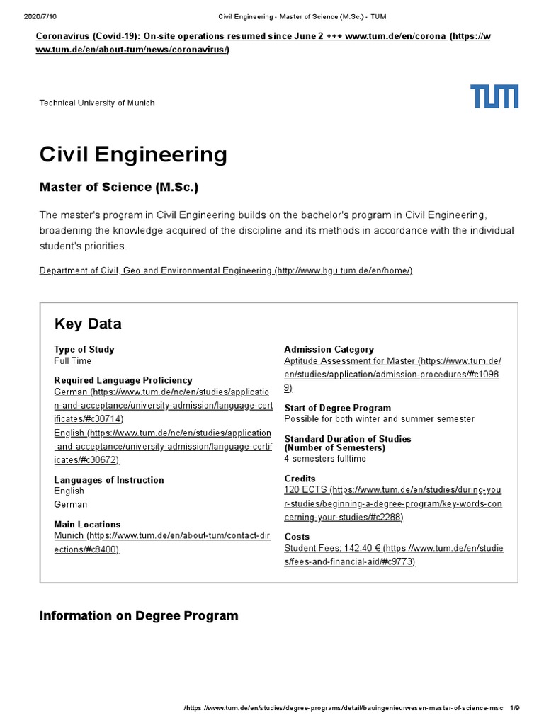 Civil Engineering - Master of Science (M.SC.) - TUM | PDF | University ...