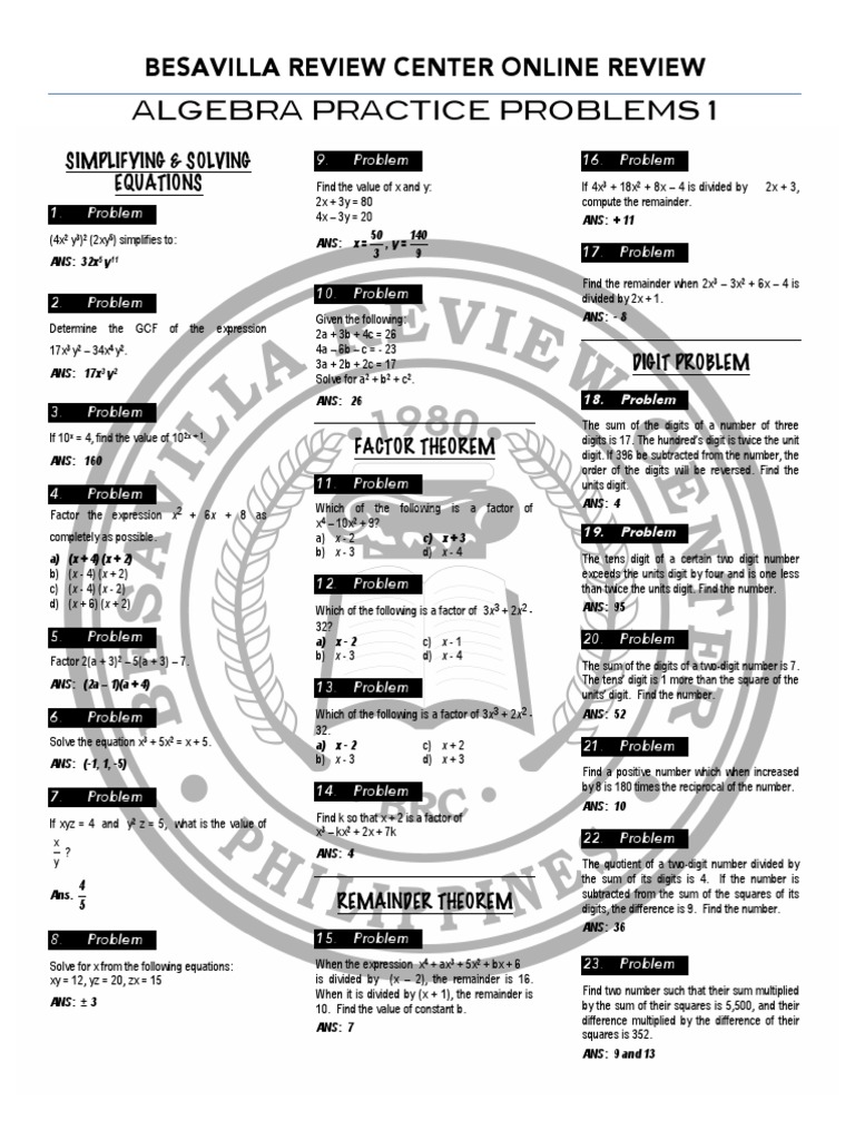 Besavilla Review Center Online Review Algebra Practice Problems 1 | PDF ...