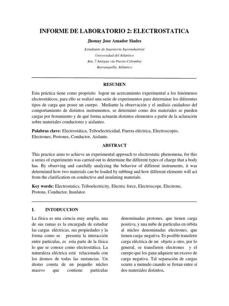 Informe No 2 - Electrostatica | PDF | Carga eléctrica | Electrostática