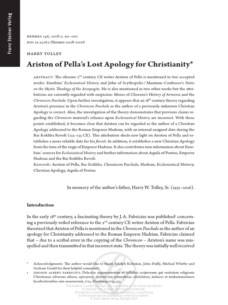 Ariston of Pella's Lost Apology For Christianity : Harry Tolley | PDF ...