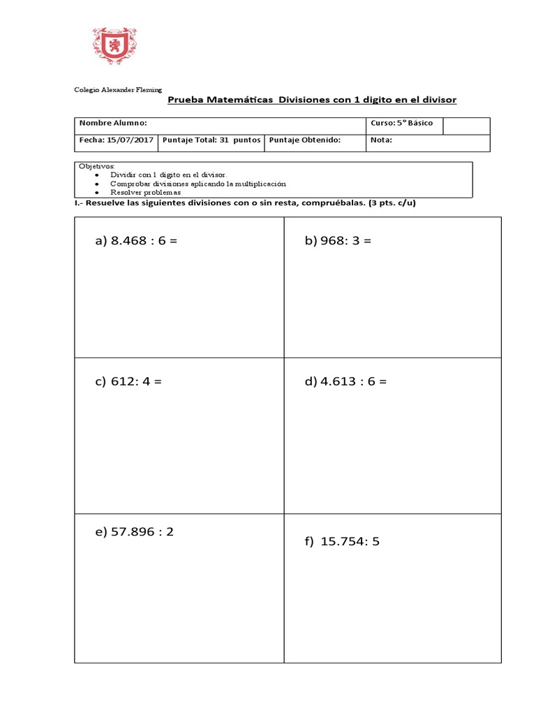 Prueba de Divisiones 5° Básico | PDF