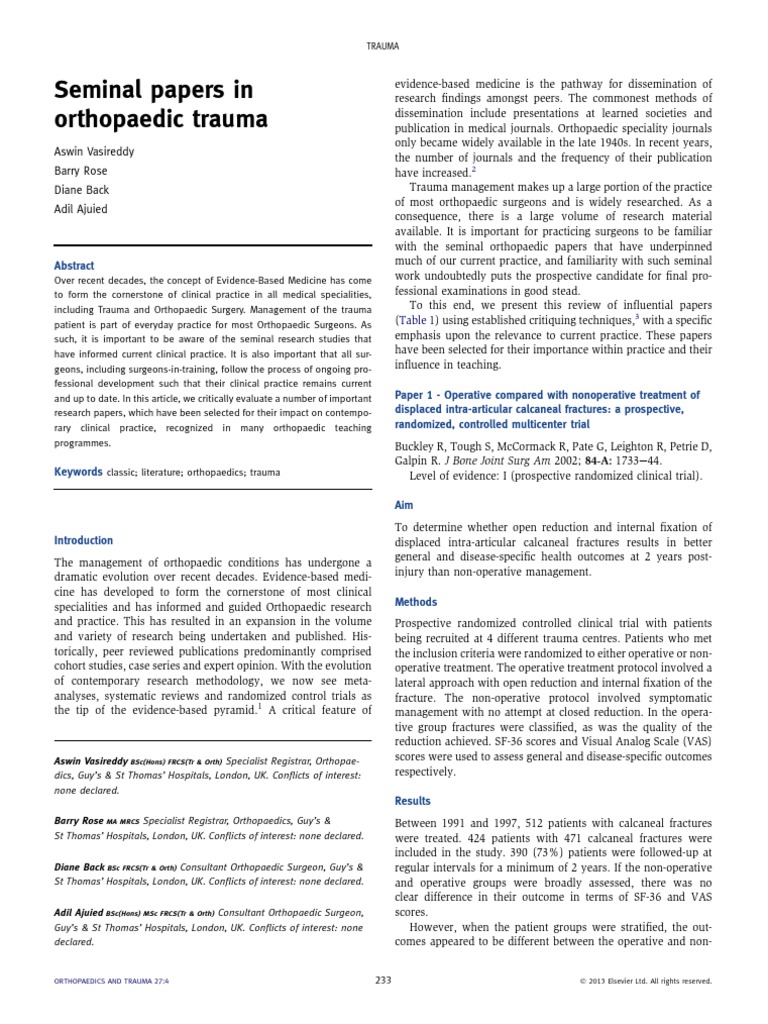 Seminal Papers in Orthopaedic Trauma: Table 1 | PDF | Anatomical Terms ...