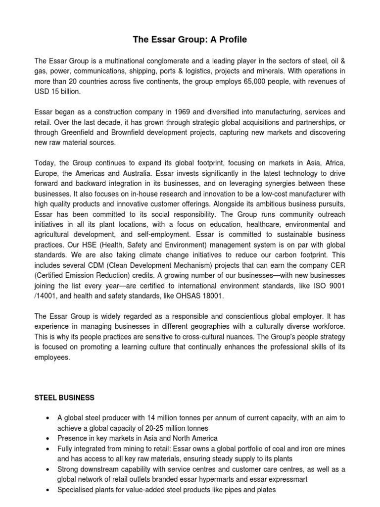 The Essar Group: A Profile: Steel Business | PDF | Energy And Resource ...