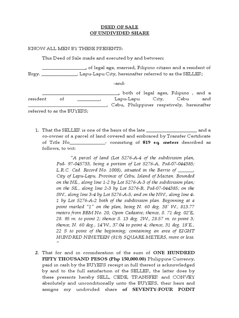 DEED OF SALE OF THE UNDIVIDED SHARE - Blank Format | PDF | Law And ...