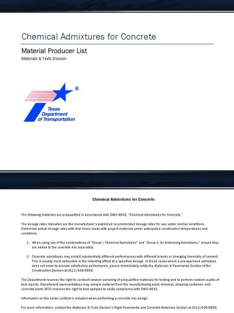 Txdot Producer List For Admixtures For Concrete | PDF | Concrete | Building Materials
