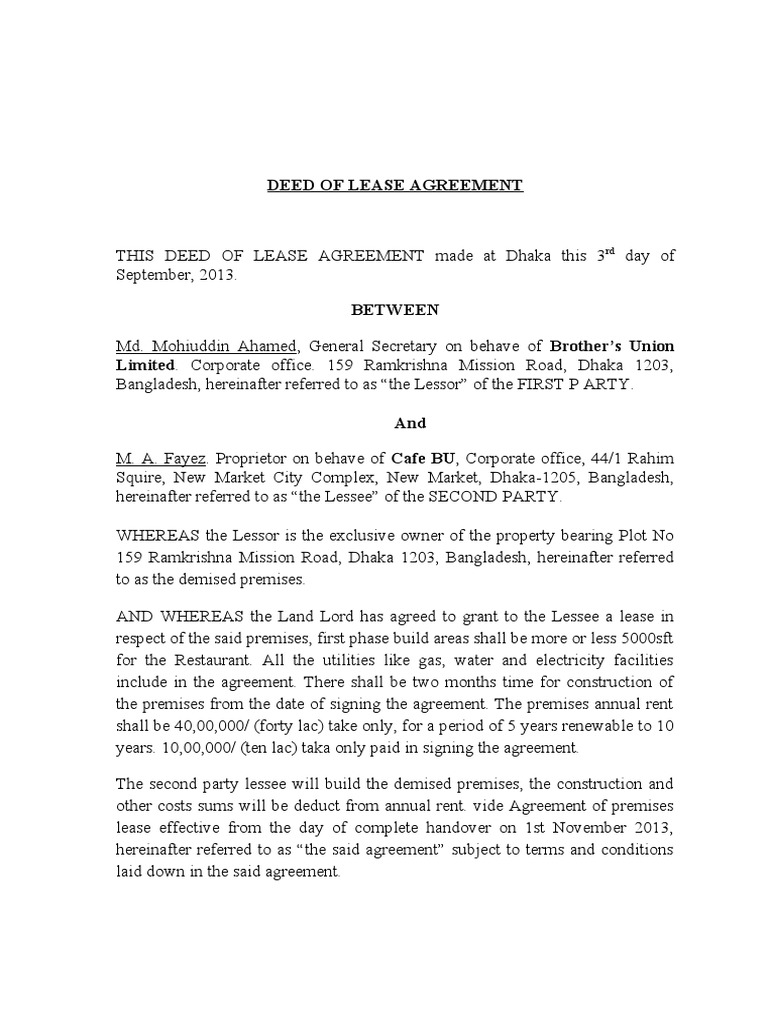 Deed of Lease Agreement | PDF