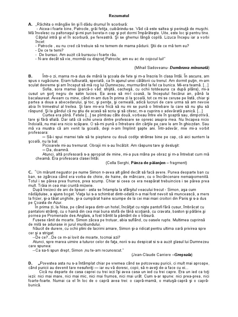 Rezumatul, Texte | PDF