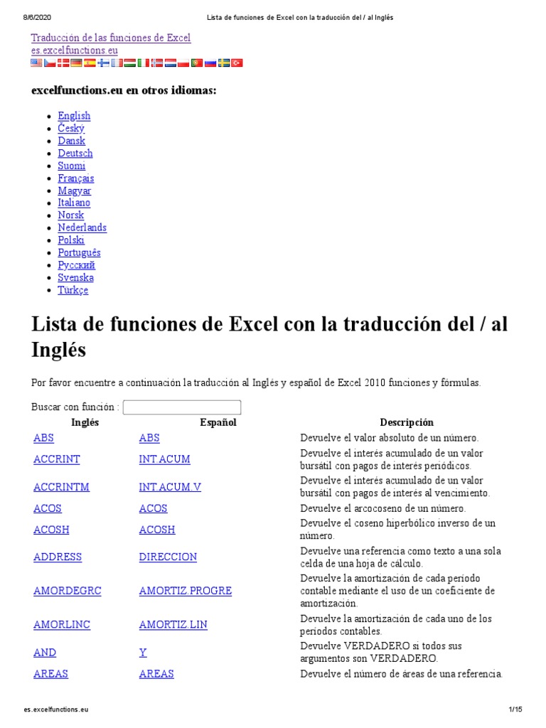 Lista de Funciones de Excel Con La Traducción Del - Al Inglés | PDF ...