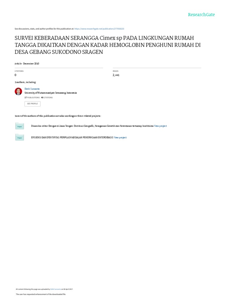 Survei Keberadaan Serangga Cimex SP Pada Lingkungan Rumah Tangga ...