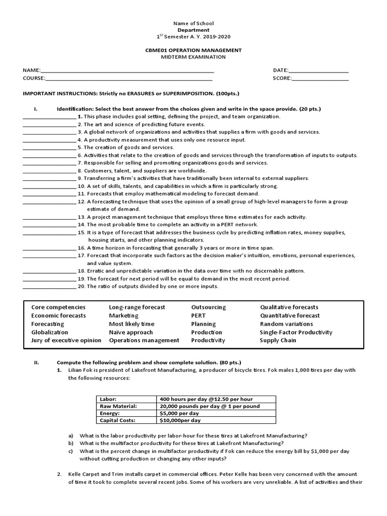 Operations Management Midterm Exam | PDF | Forecasting | Operations ...