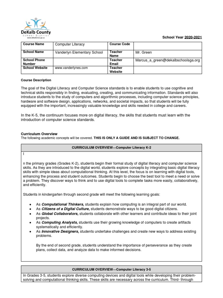 Computer Literacy Curriculum Overview | PDF | Literacy | Learning